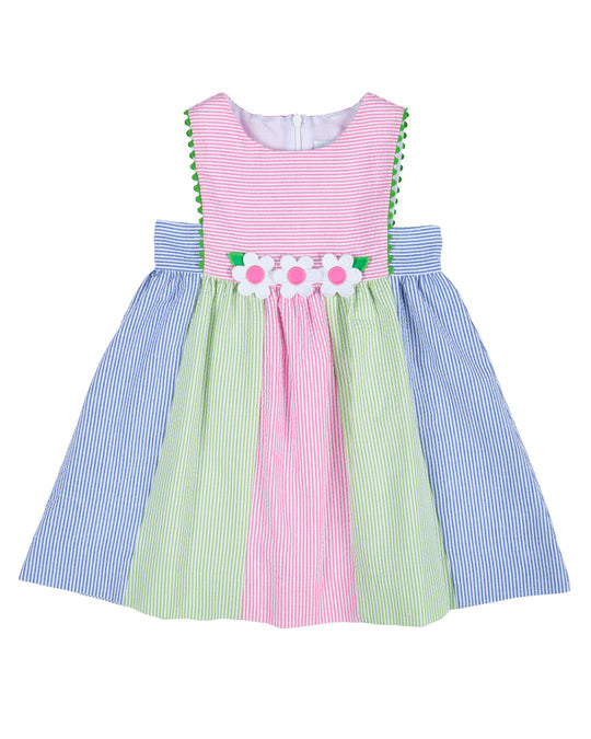 Tri-Color Seersucker Penifore Dress w/ Flowers